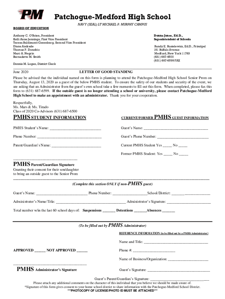 Fillable Online Letter of Good Standing - Patchogue-Medford School ...