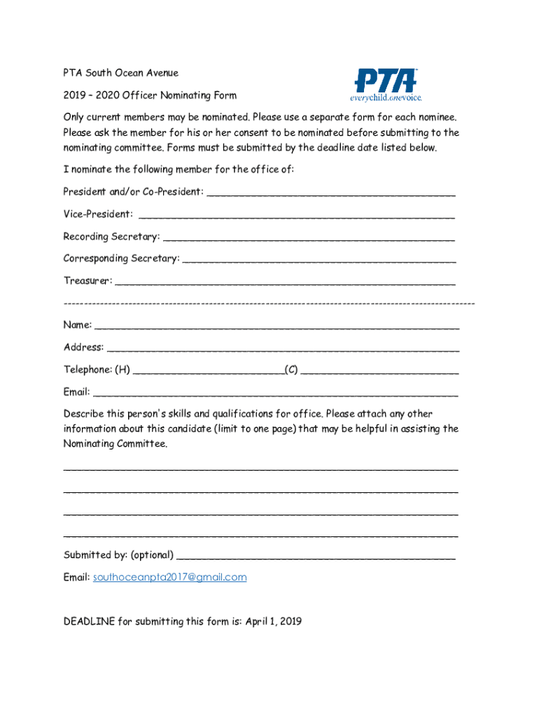 Fillable Online Vista View PTSO Nomination form - Peachjar Flyers Fax ...