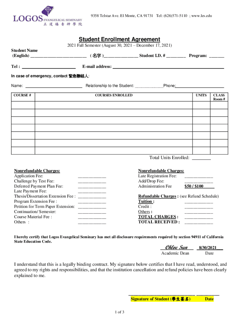 Fillable Online Student Enrollment Agreement - LOGOS Evangelical ...