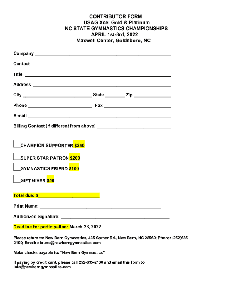 Fillable Online Gymnast good luck contribution form 2022 GP state meet ...