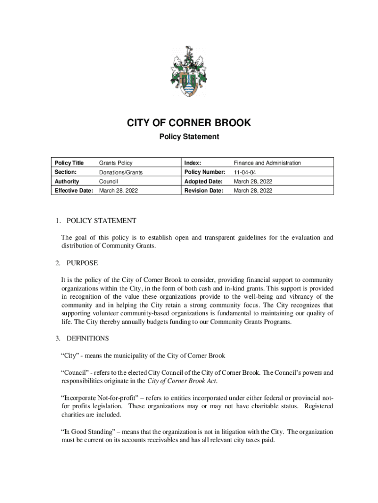 Fillable Online CITY OF CORNER BROOK Policy Statement Fax Email Print - pdfFiller