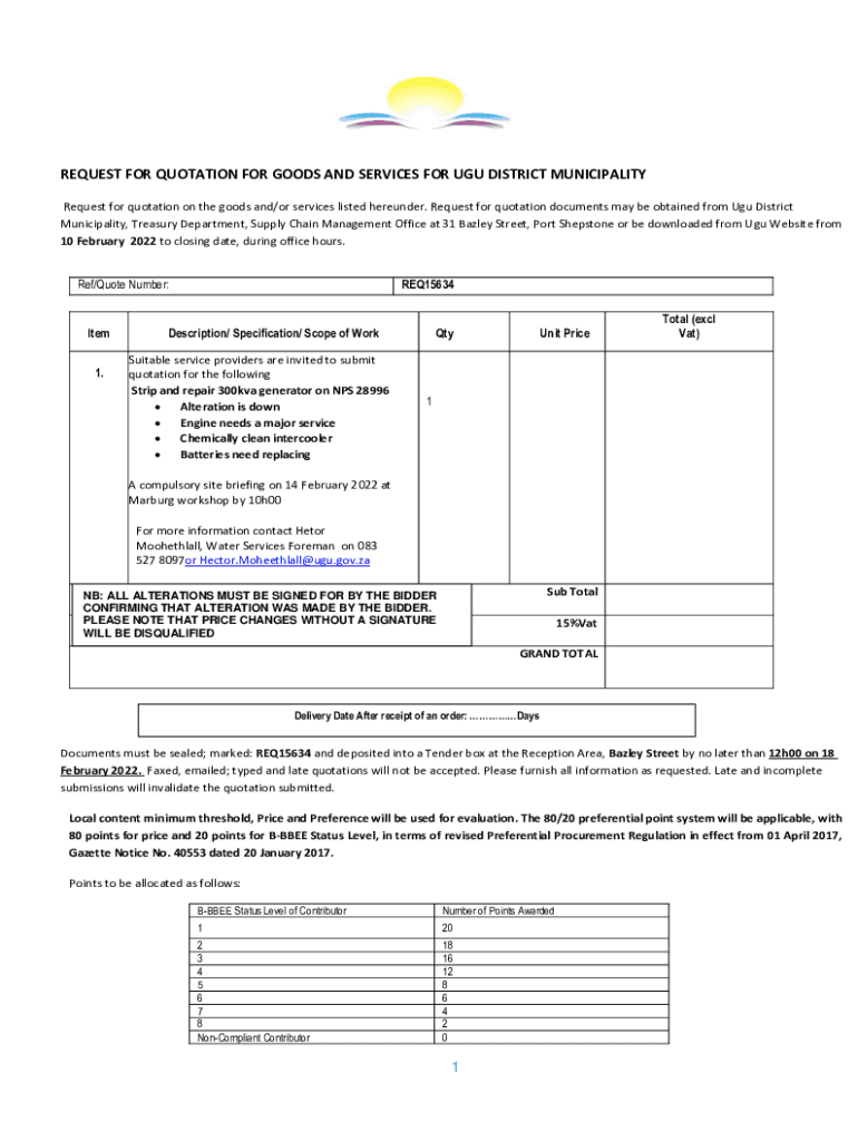 Fillable Online 1 REQUEST FOR QUOTATION FOR ... - Ugu District ...