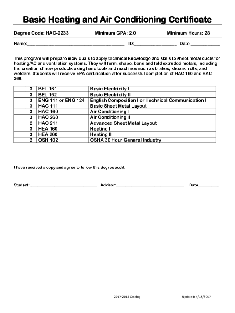 Fillable Online Basic Heating and Air Conditioning Certificate Fax Email Print - pdfFiller