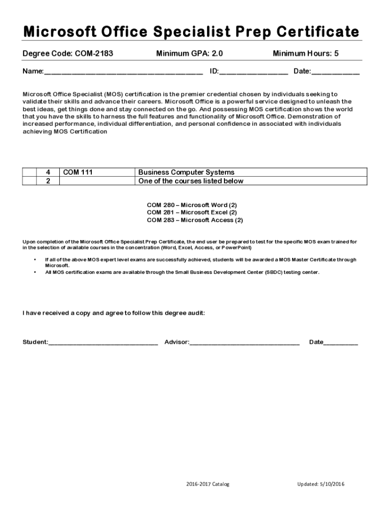 Fillable Online Microsoft Office Specialist Prep Certificate.docx Fax ...