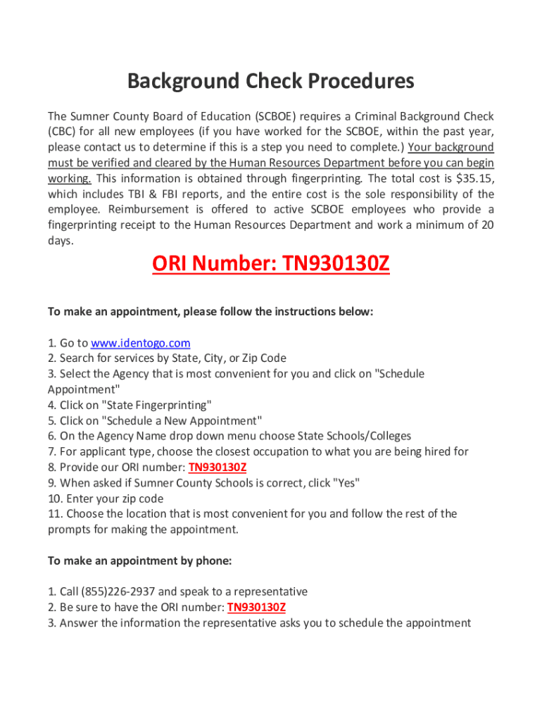 Fillable Online Fillable Online Background Check Procedures - Sumner ...