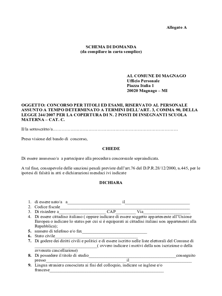 Compilabile Online Allegato A SCHEMA DI DOMA DA (da compilare in carta ...