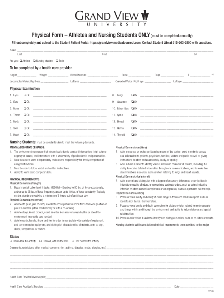 Fillable Online Physical Form Athletes and Nursing Students ONLY (must ...