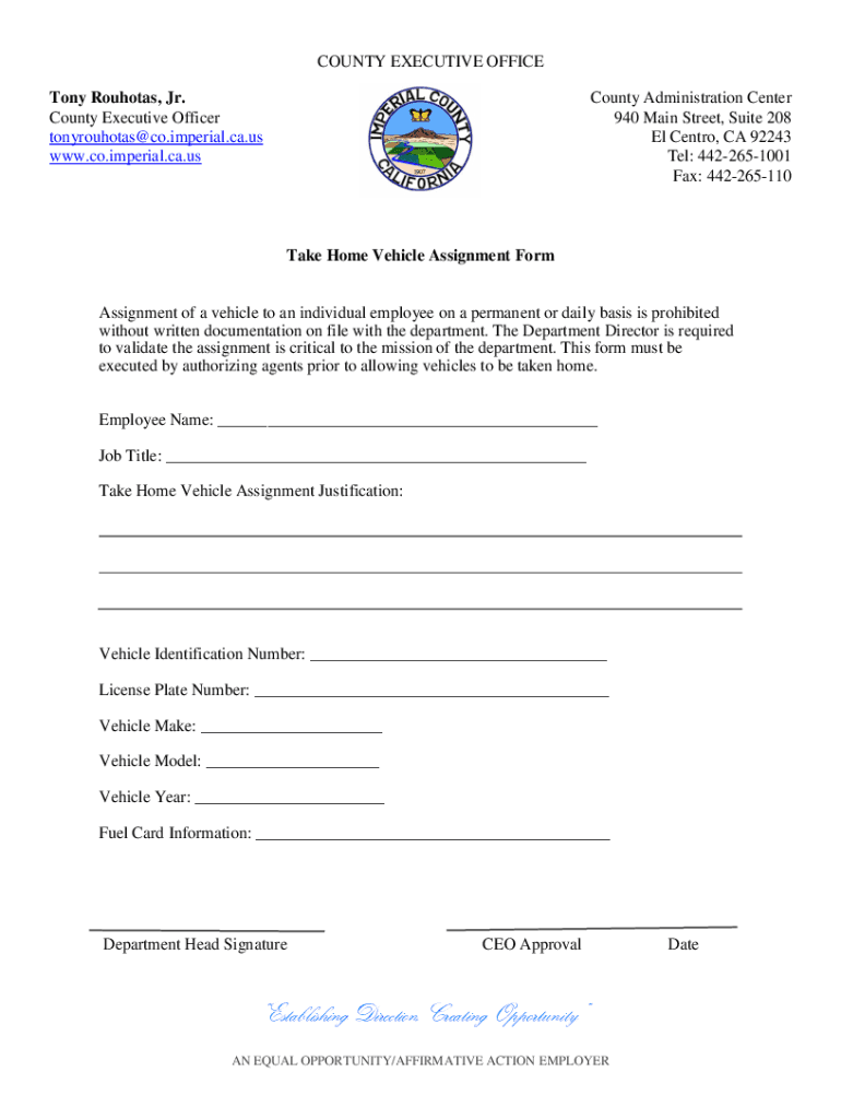 Fillable Online Take Home Vehicle Assignment Form Fax Email Print ...