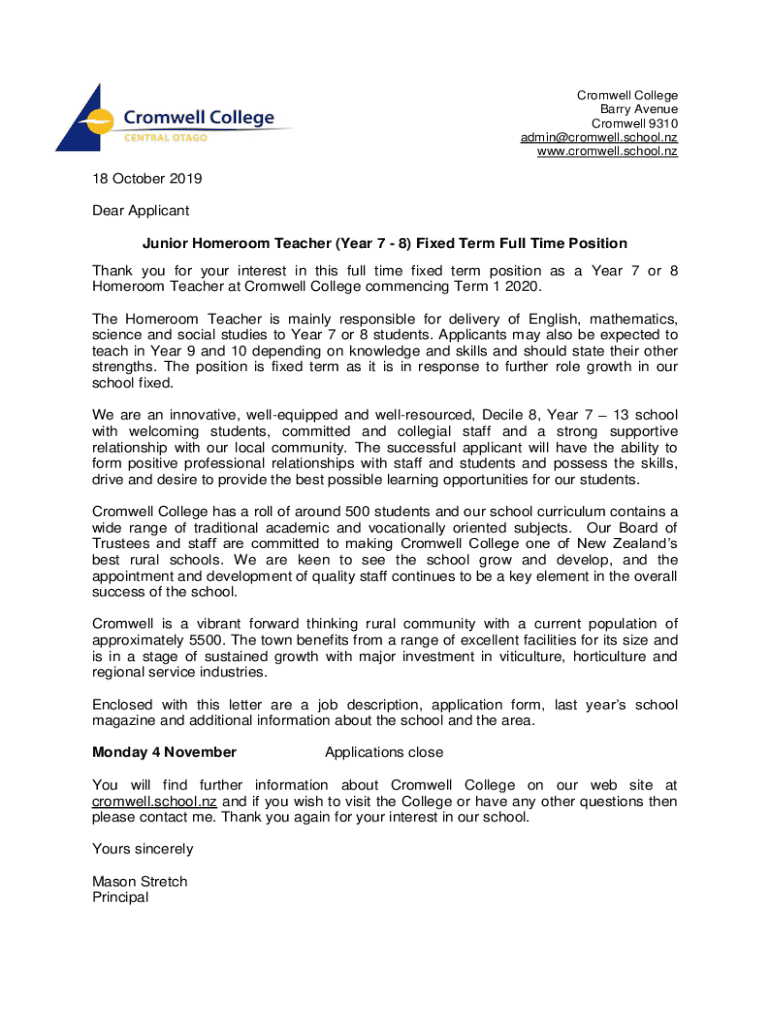 Fillable Online Homeroom Teacher (Year 7 - 8) Permanent Full Time ...