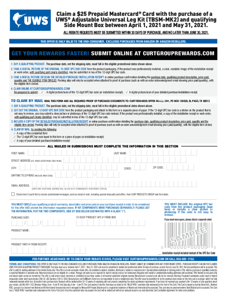 Fillable Online 2021.04.01 - UWS - Rebate Form, Adjustable Universal Leg Kit Fax Email Print ...