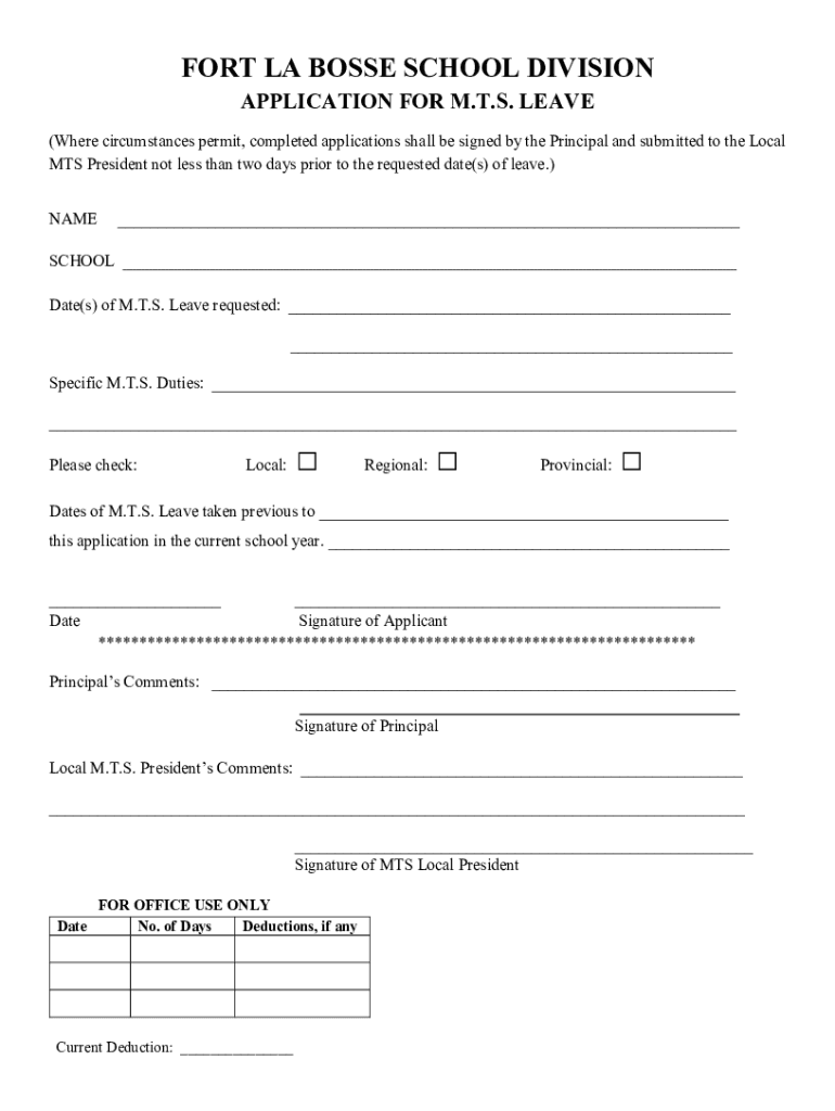 Fillable Online application for mts leave - Fort La Bosse School ...