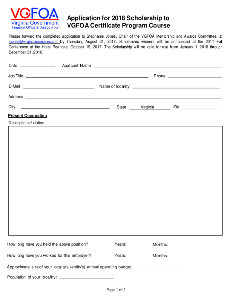 Fillable Online Application for 2018 Scholarship to VGFOA Certificate ... Fax Email Print ...