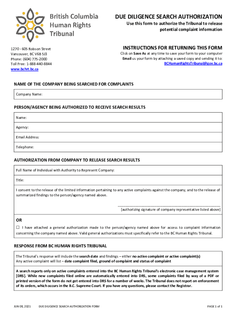 Fillable Online Due Diligence Search Authorization Form. Due Diligence ...