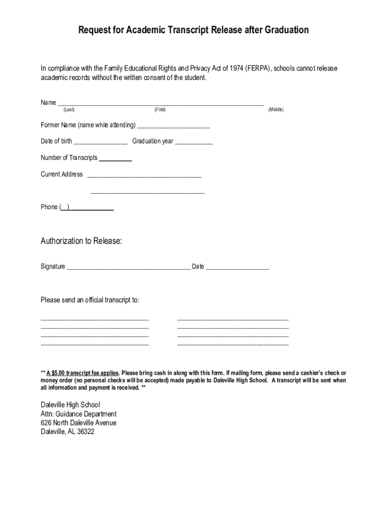 Fillable Online Request for Academic Transcript Release After ...