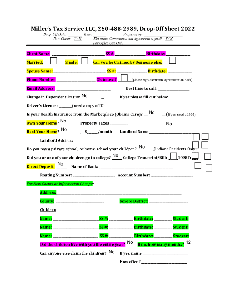 Fillable Online Millers Tax Service LLC, 260-488-2989, Drop-off Sheet ...