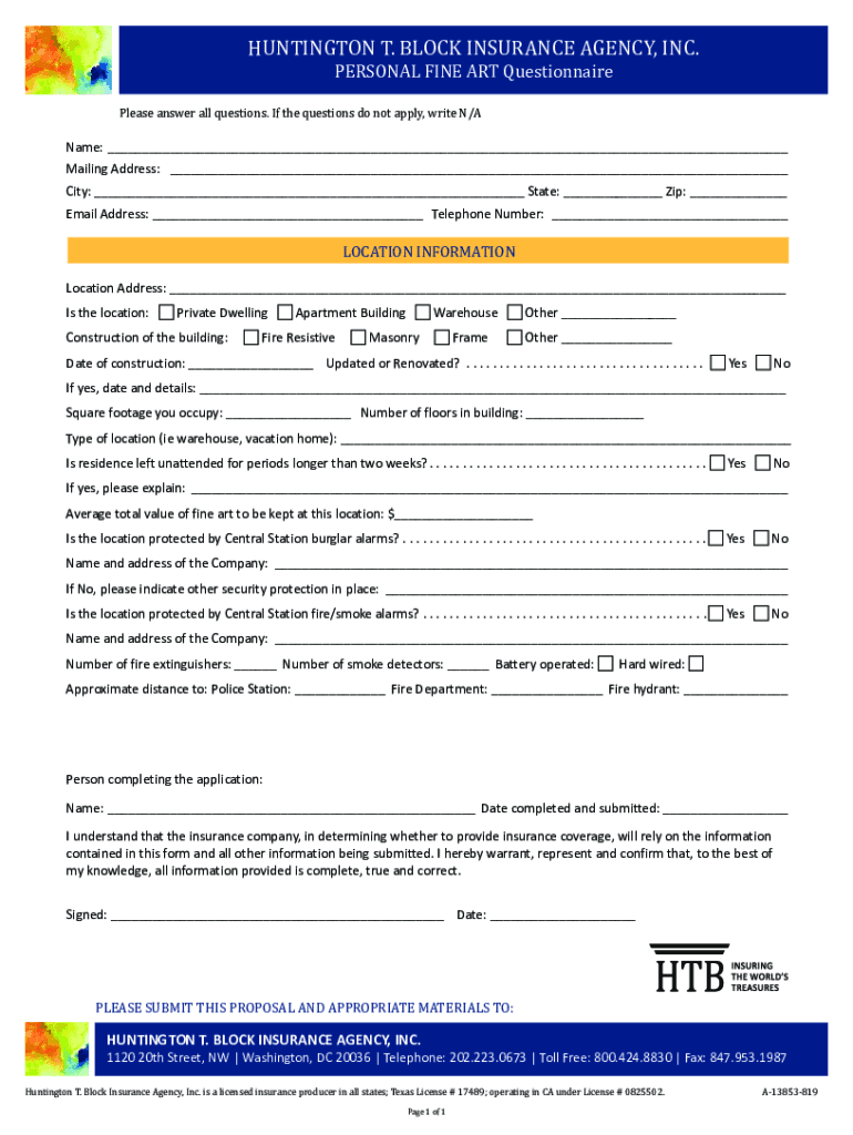 Fillable Online PERSONAL FINE ART Questionnaire - Huntington T. Block Fax Email Print - pdfFiller