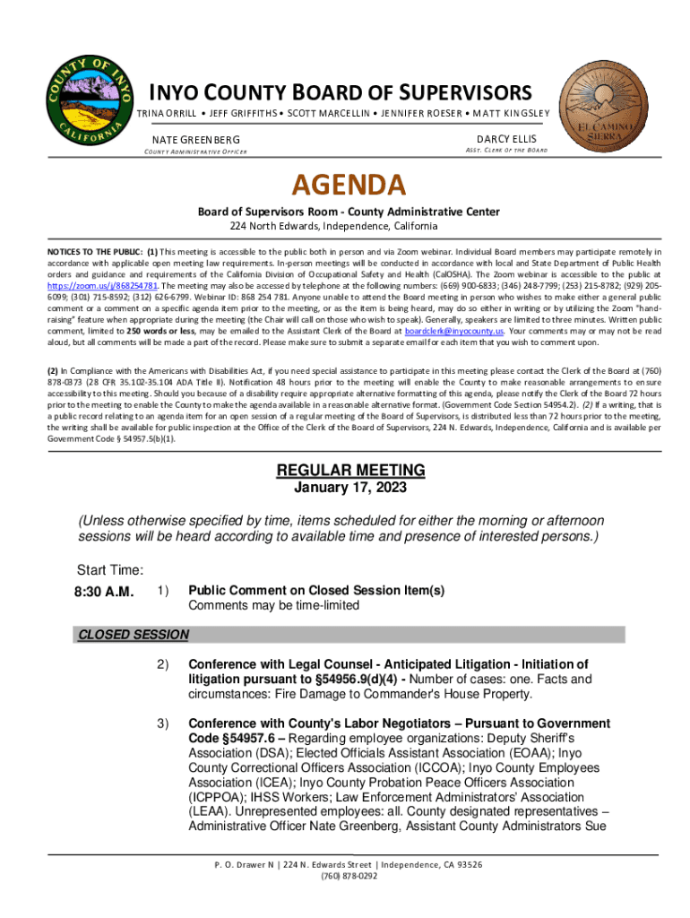 Fillable Online Inyo County Board of Supervisors to Have Changing of the ... Fax Email Print ...
