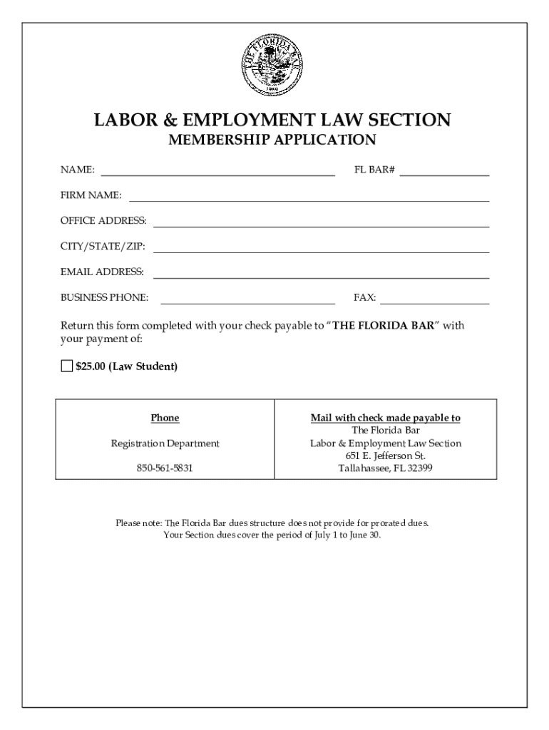 Fillable Online Labor Membership Application. Labor, The Florida Bar ...