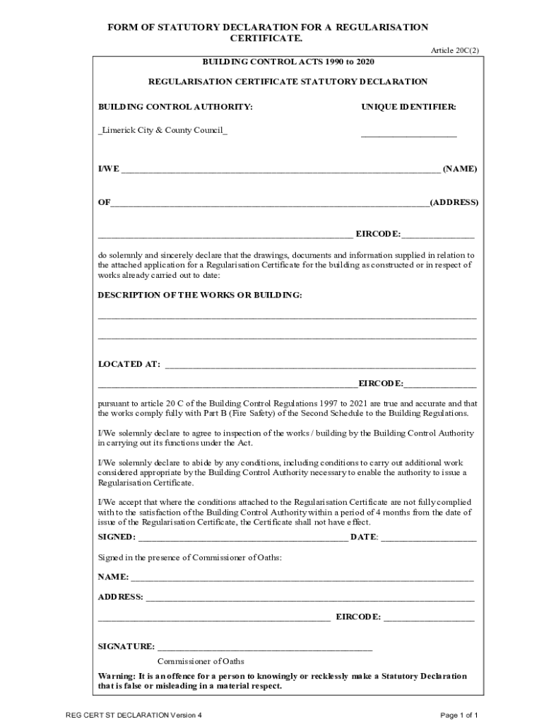 Fillable Online form of application for a regularisation certificate ...