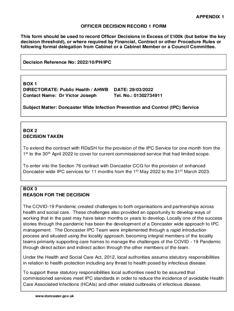 Fillable Online doncaster moderngov co This form should be used to record Officer Decisions in ...