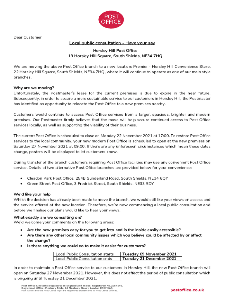 Fillable Online Post office Horsley Hill in South ShieldsRoyal Mail ...