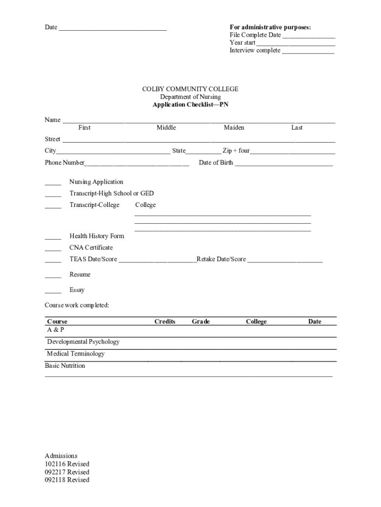 Fillable Online PN ChecklistColby CC. Colby Community College PN ...