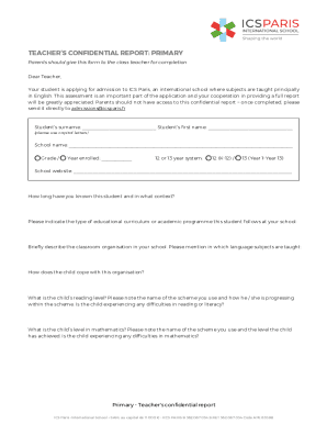 Fillable Online TEACHER'S CONFIDENTIAL REPORT: PRIMARY Fax Email Print ...