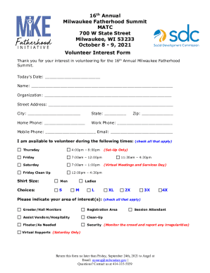 Fillable Online MFI Summit - Volunteer Form - City of Milwaukee Fax ...