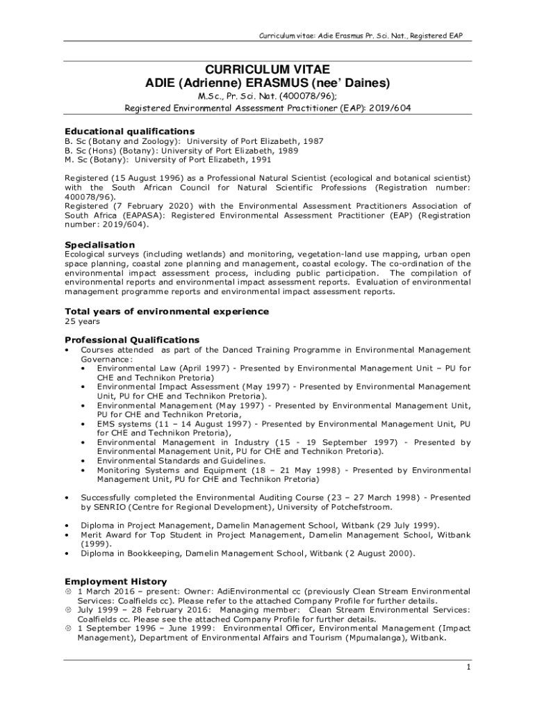 Fillable Online Curriculum vitae: Adie Erasmus Pr. Sci. Nat., Registered EAP Fax Email Print ...