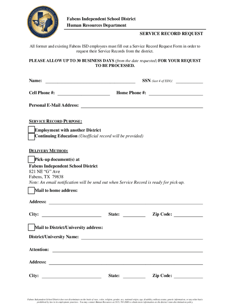 Fillable Online Service Record Request - Fabens ISD Fax Email Print ...