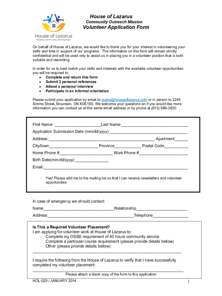 Fillable Online House of Lazarus Volunteer Application Form Fax Email ...