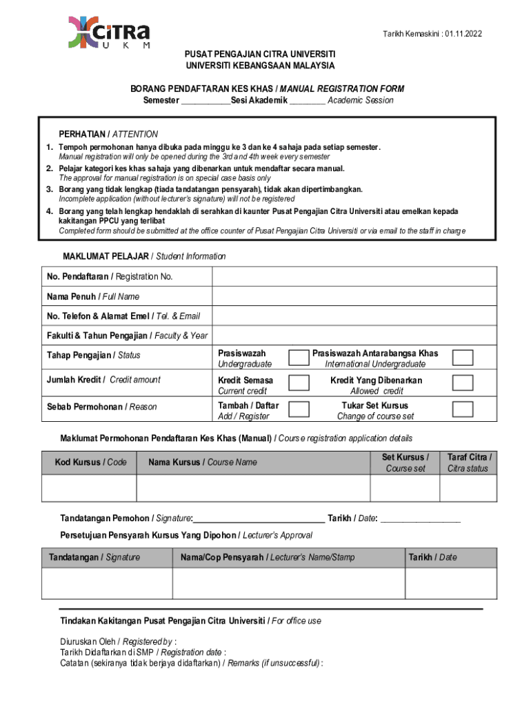 Fillable Online Borang Pendaftaran Kes Khas Manual PPCU - Tarikh ...