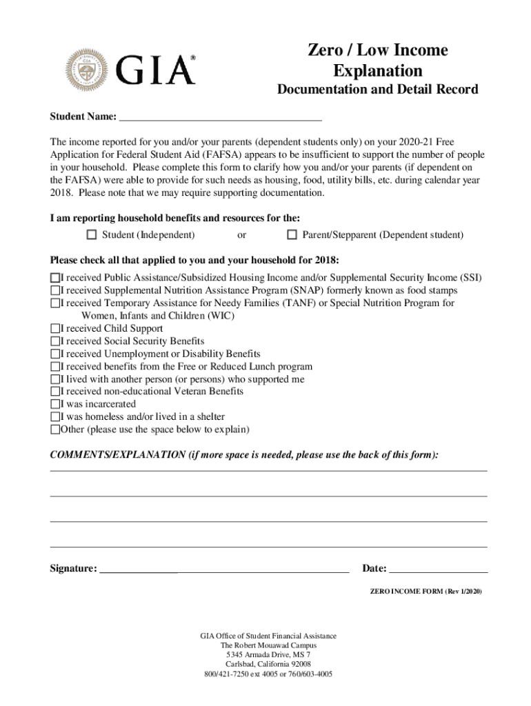 Fillable Online Zero / Low Income Explanation - GIA Fax Email Print - pdfFiller