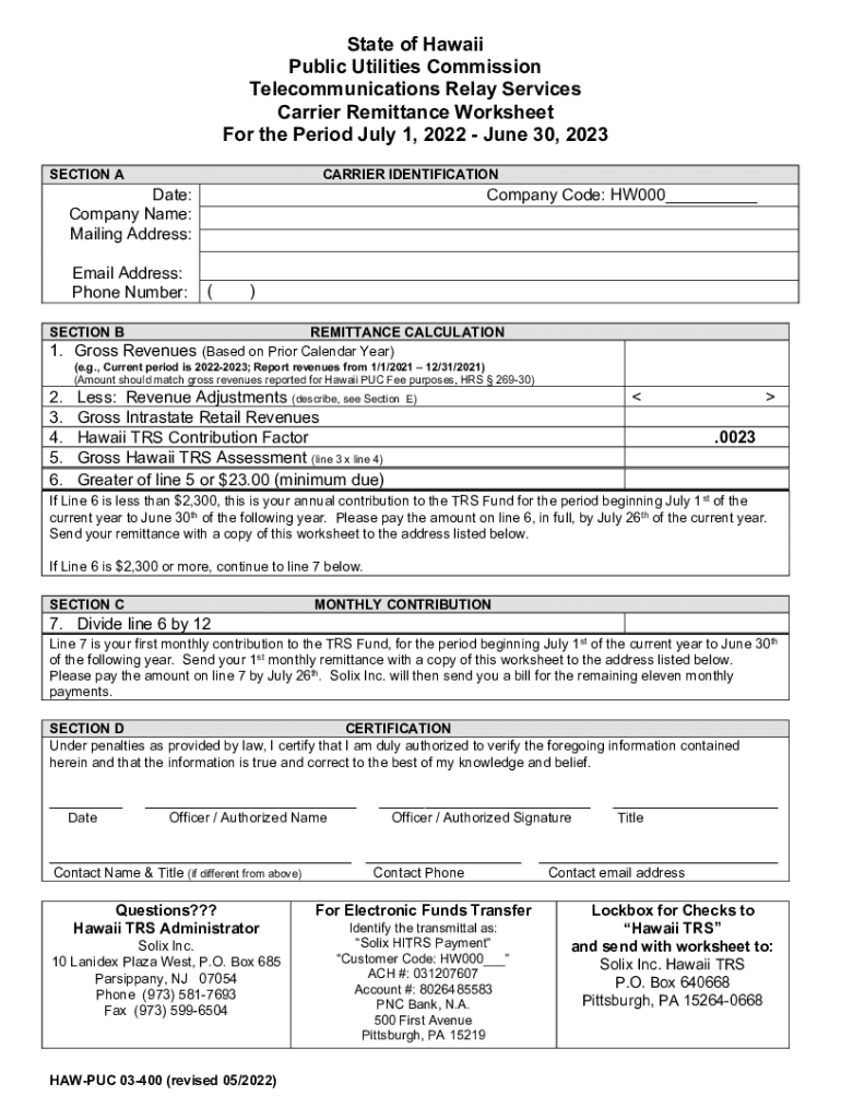 Fillable Online puc hawaii TRS Carrier Remittance Worksheet - Public ...