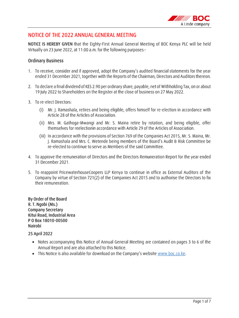 Fillable Online BOC Kenya Limited to hold its virtual AGM on the 23rd ...