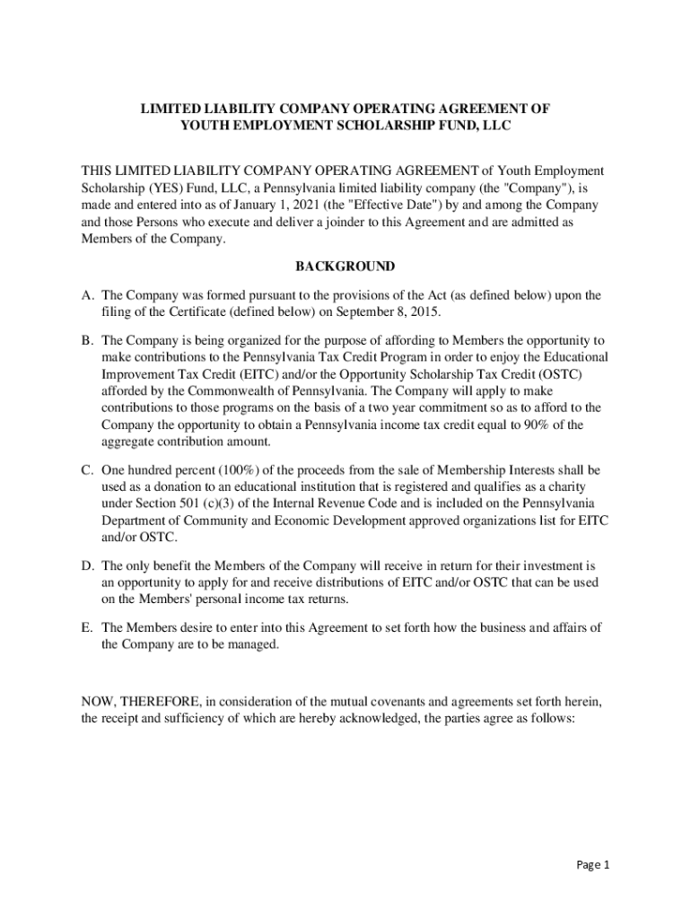 Fillable Online limited liability company operating agreement of youth ...