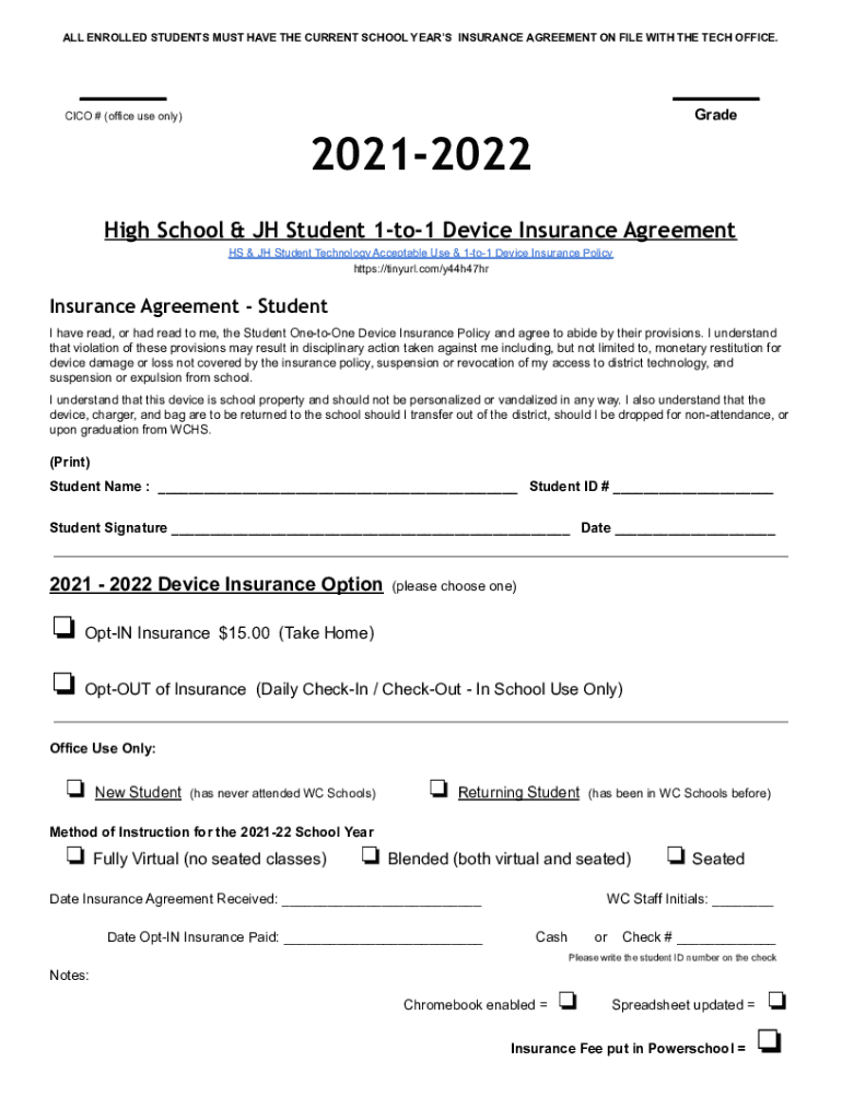 Fillable Online 2021-22 HS/JH Device Insurance Agreement Fax Email ...