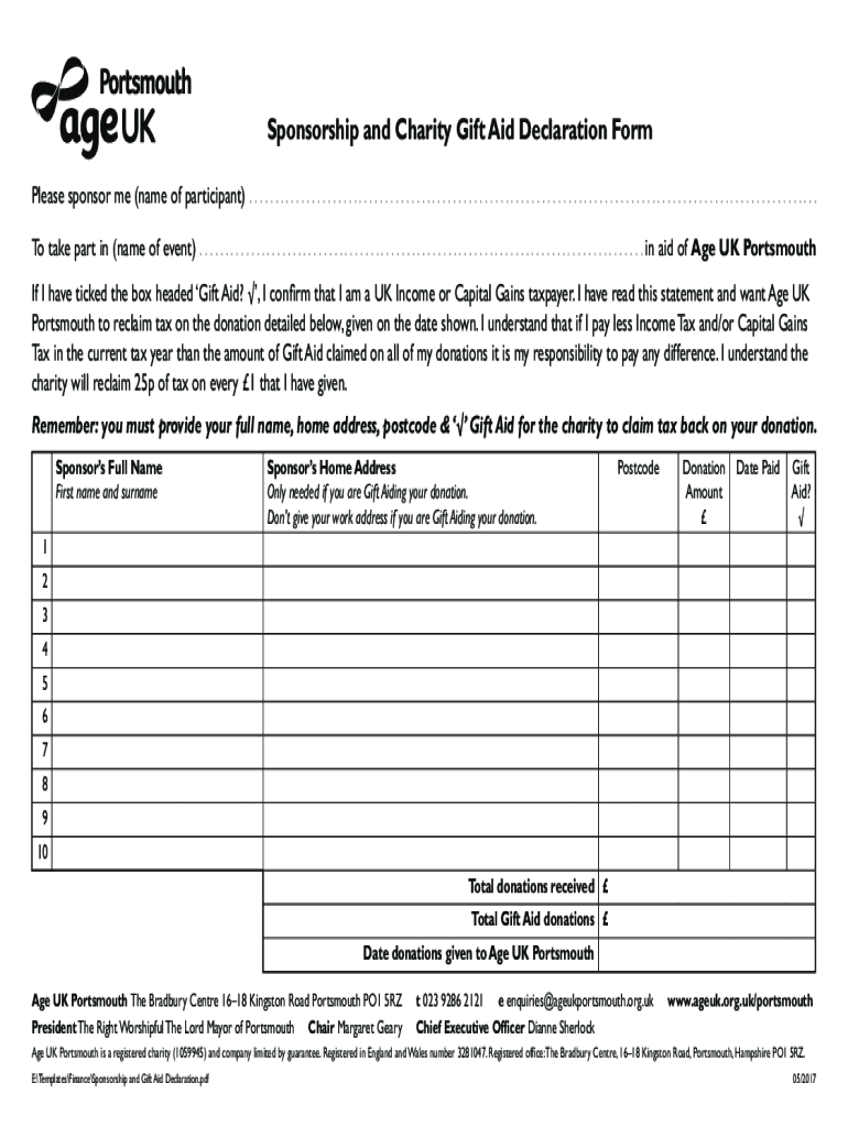 Fillable Online Sponsorship and Gift Aid declaration formAge UK Surrey ...