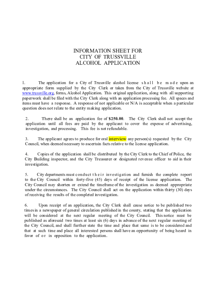 Fillable Online Alcohol ApplicationCity of Trussville Fax Email Print ...