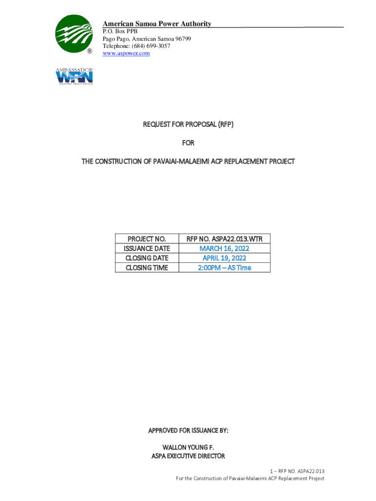 Fillable Online RFP No.ASPA22.013 The Construction of Pavaiai-Malaeimi ...