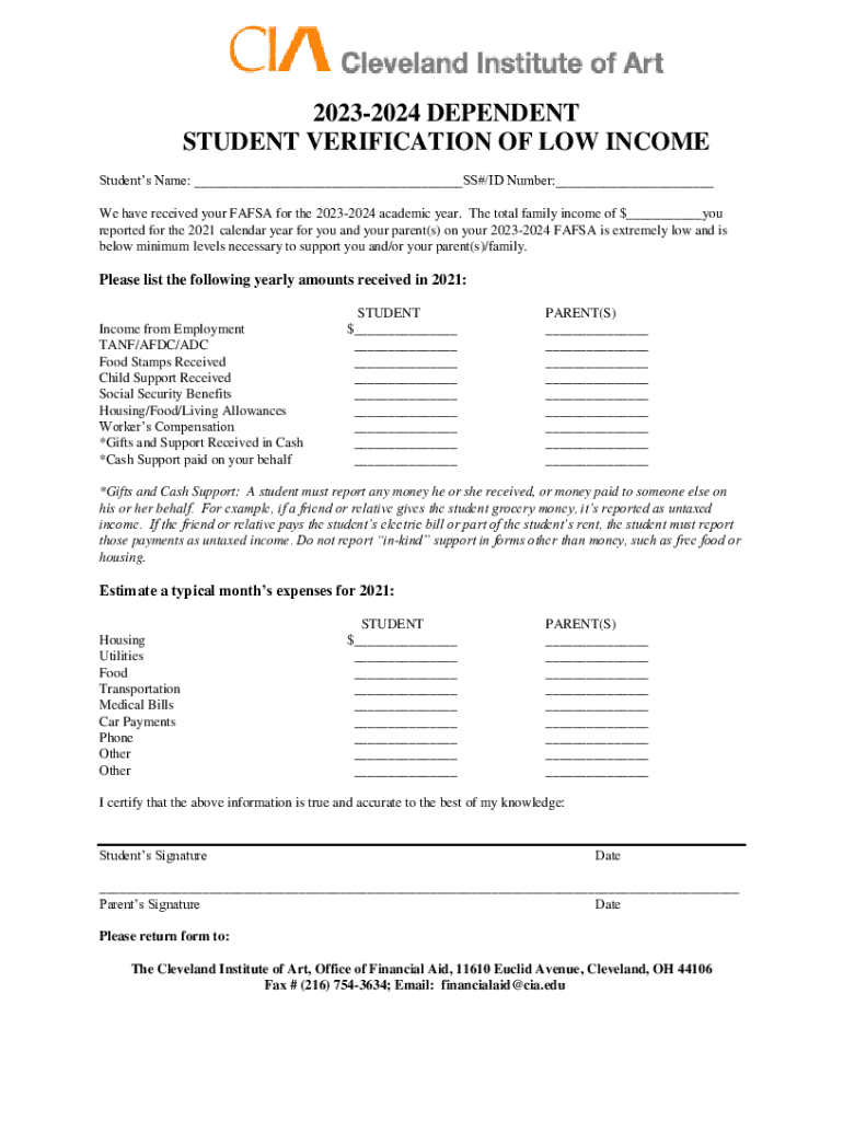 Fillable Online STUDENT VERIFICATION OF LOW INCOME Fax Email Print ...