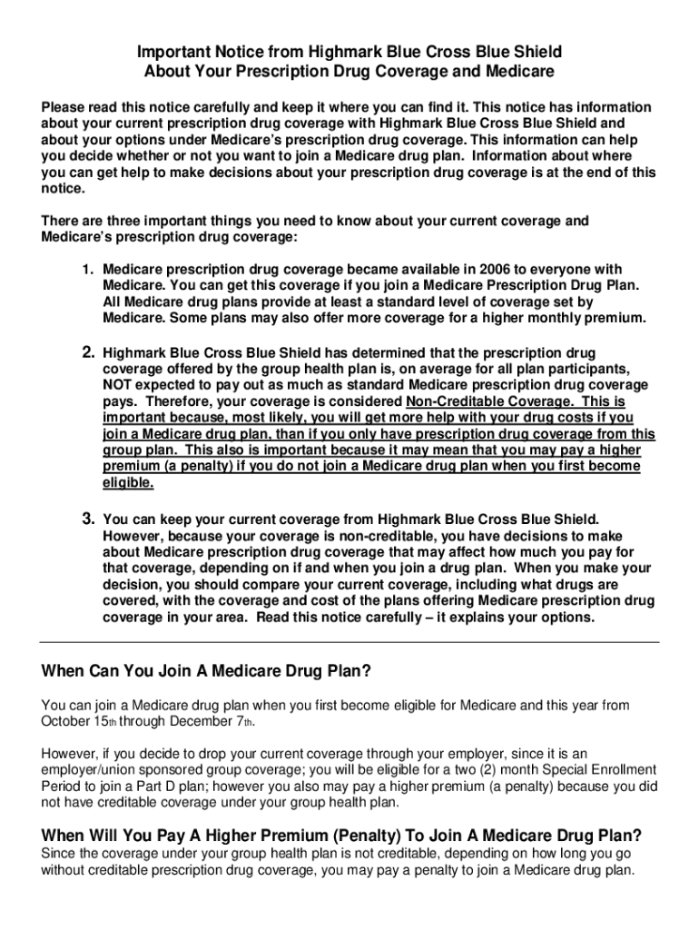 Fillable Online Important Notice from Highmark Blue Cross Blue Shield ...