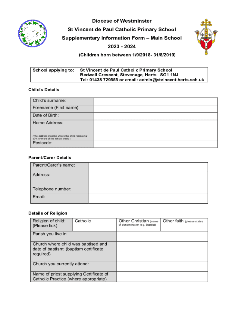 Fillable Online Diocese of Westminster St Vincent de ... - SVDP Catholic School Fax Email Print ...
