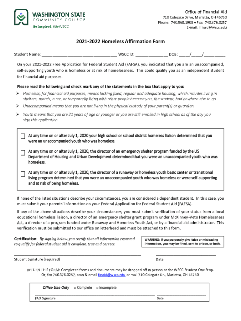 Fillable Online 2021-2022 Homeless Affirmation Form Fax Email Print ...