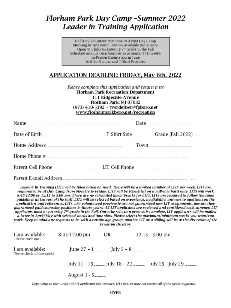 Fillable Online Summer Camps for Kids in NJ: Florham Park, Morris County Fax Email Print - pdfFiller