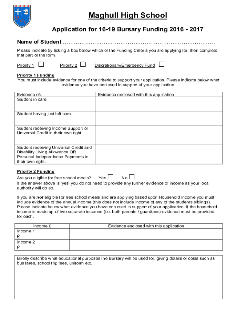 Fillable Online Bursary Application form - Maghull High School Fax ...