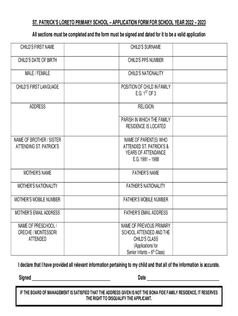 Fillable Online Application Form 2022 - St. Patrick's Loreto Primary ...