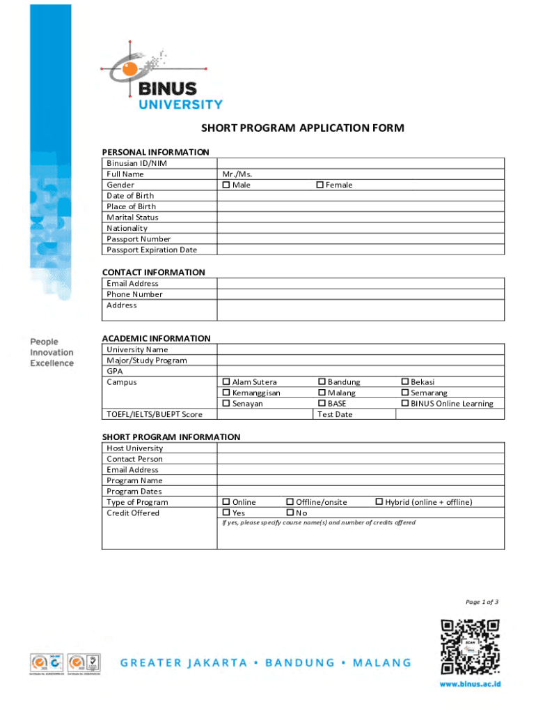 Fillable Online io binus ac SHORT PROGRAM APPLICATION FORM - BINUS UNIVERSITY Fax Email Print ...