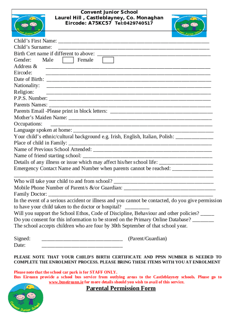 Child's First Name - Convent Junior School Doc Template | pdfFiller