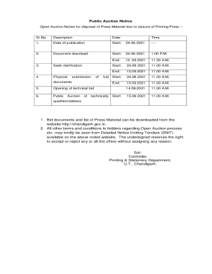 Fillable Online chandigarh gov Public Auction Notice 1. Bid documents ...
